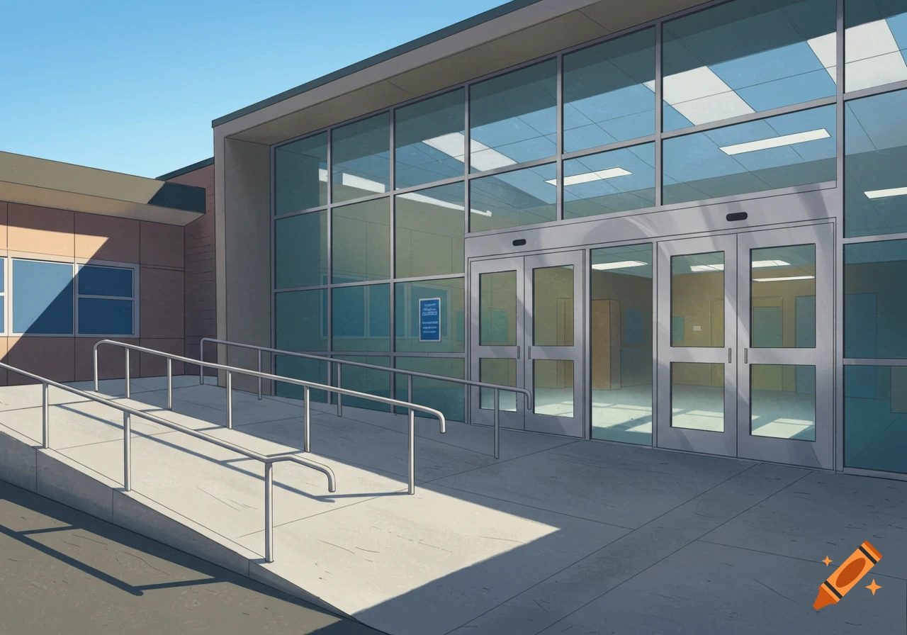 A concrete ramp with metal railings leads up to a red brick building ...