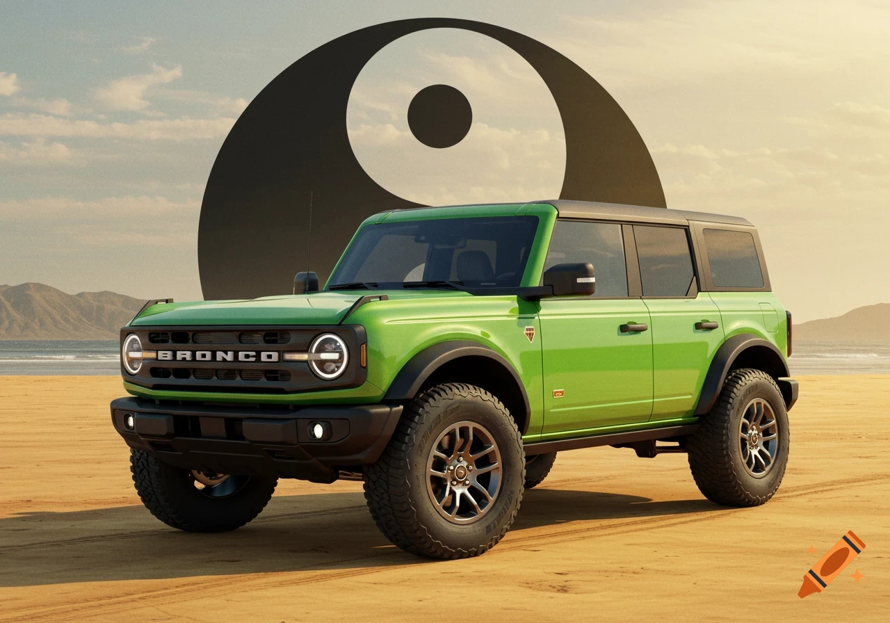Green 2022 Ford Bronco in retro surf style with yin yang on Craiyon