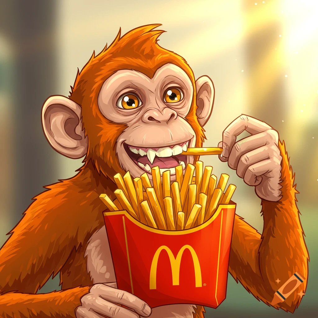 A purple cartoon gorilla eats from a McDonald's Happy Meal box. on Craiyon