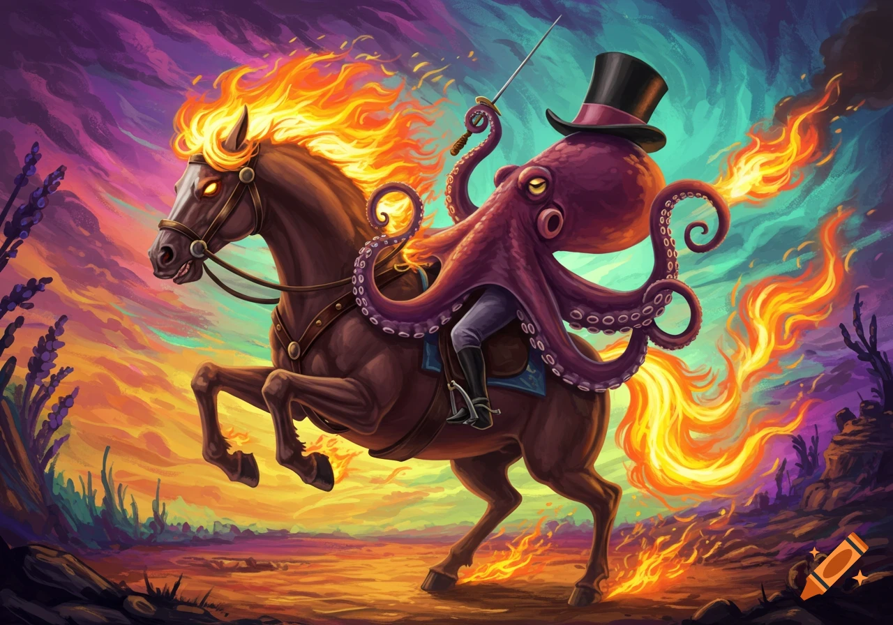 Cowboy riding a horse casts lightning at a monster in a desert ...