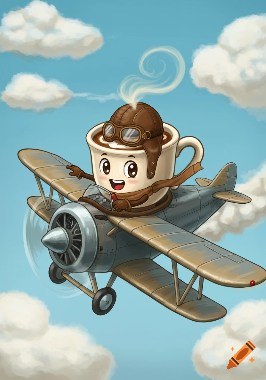 Cartoon cup of coffee with pilot gear flying a biplane. on Craiyon