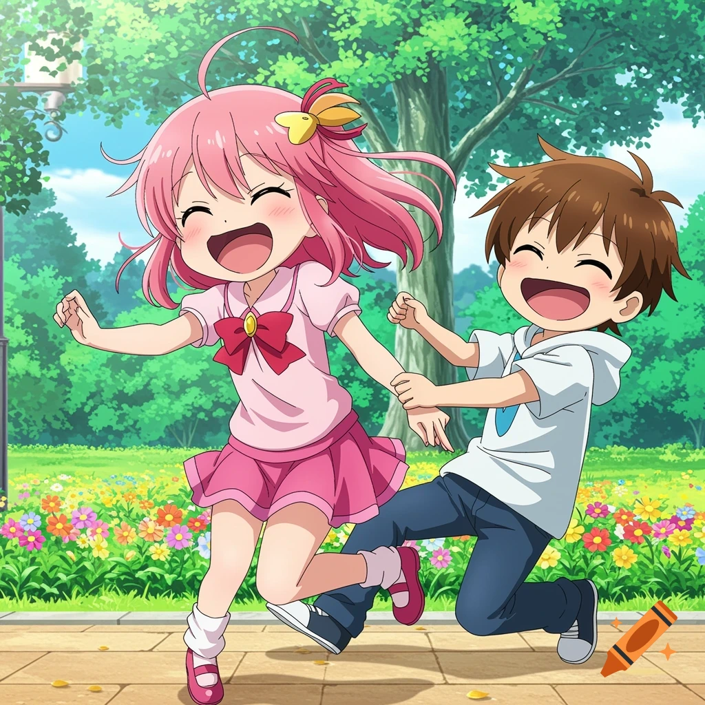 Cheerful anime boy and girl running and laughing in a sunny park with ...