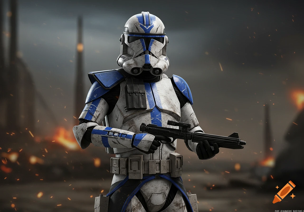 Close-up painting of a weathered Star Wars clone trooper in white and ...