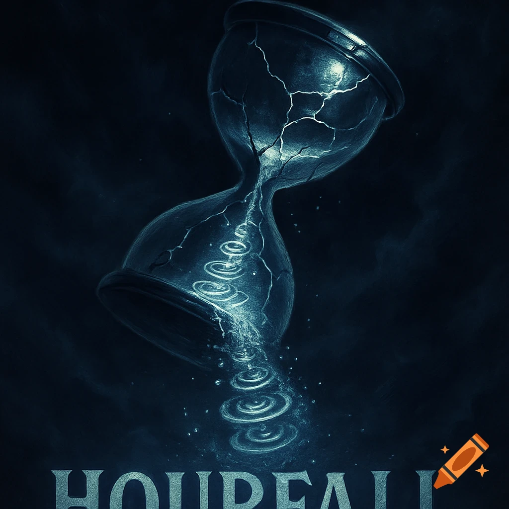 Cracked hourglass spilling glowing ripples on a dark background. on Craiyon