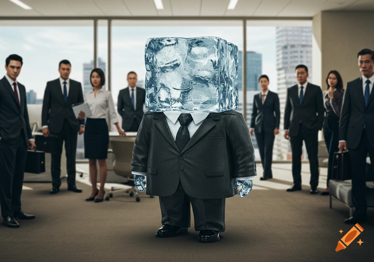 Photorealistic image of a figure with an ice cube for a head wearing a ...