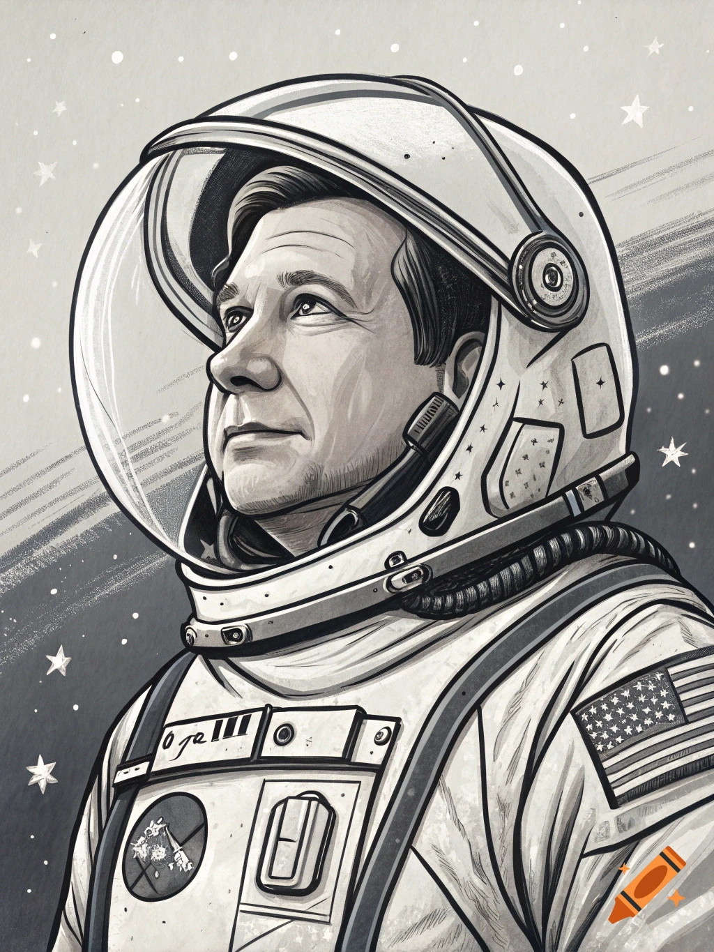 Black ink cartoon illustration of an astronaut in a space suit looking ...