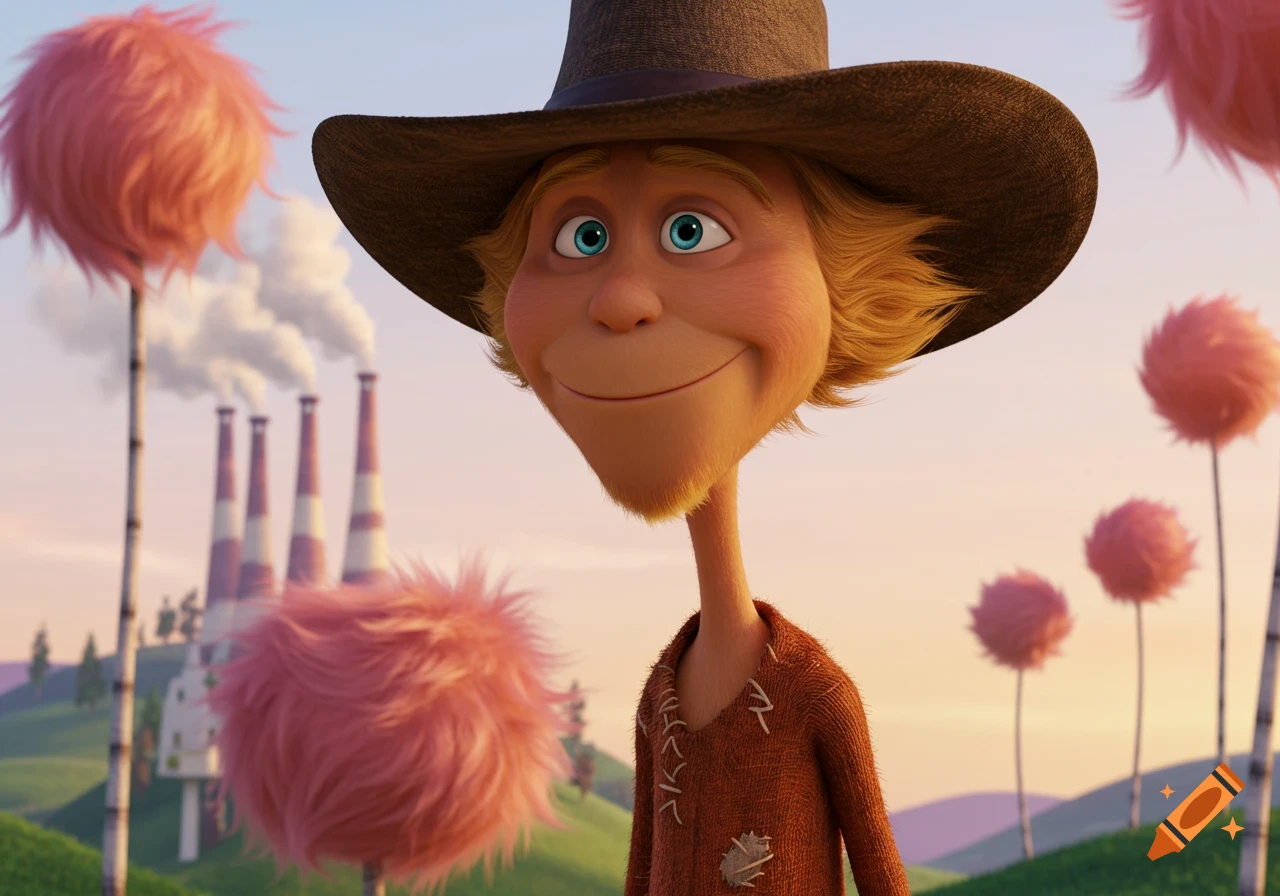 The Lorax, an orange furry creature, kicks a soccer ball on a green ...