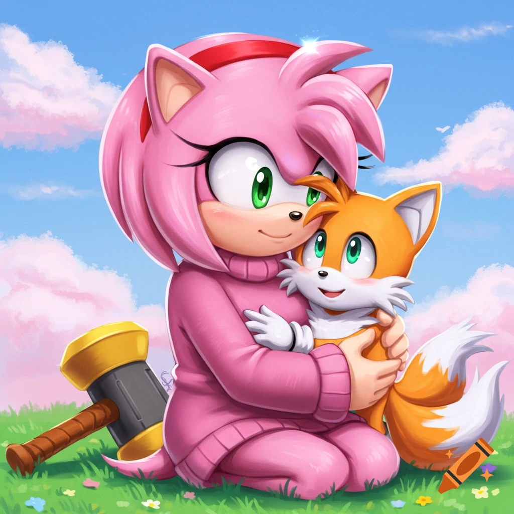 Vibrant cartoon art of Amy Rose, a pink hedgehog, hugging Tails, a ...