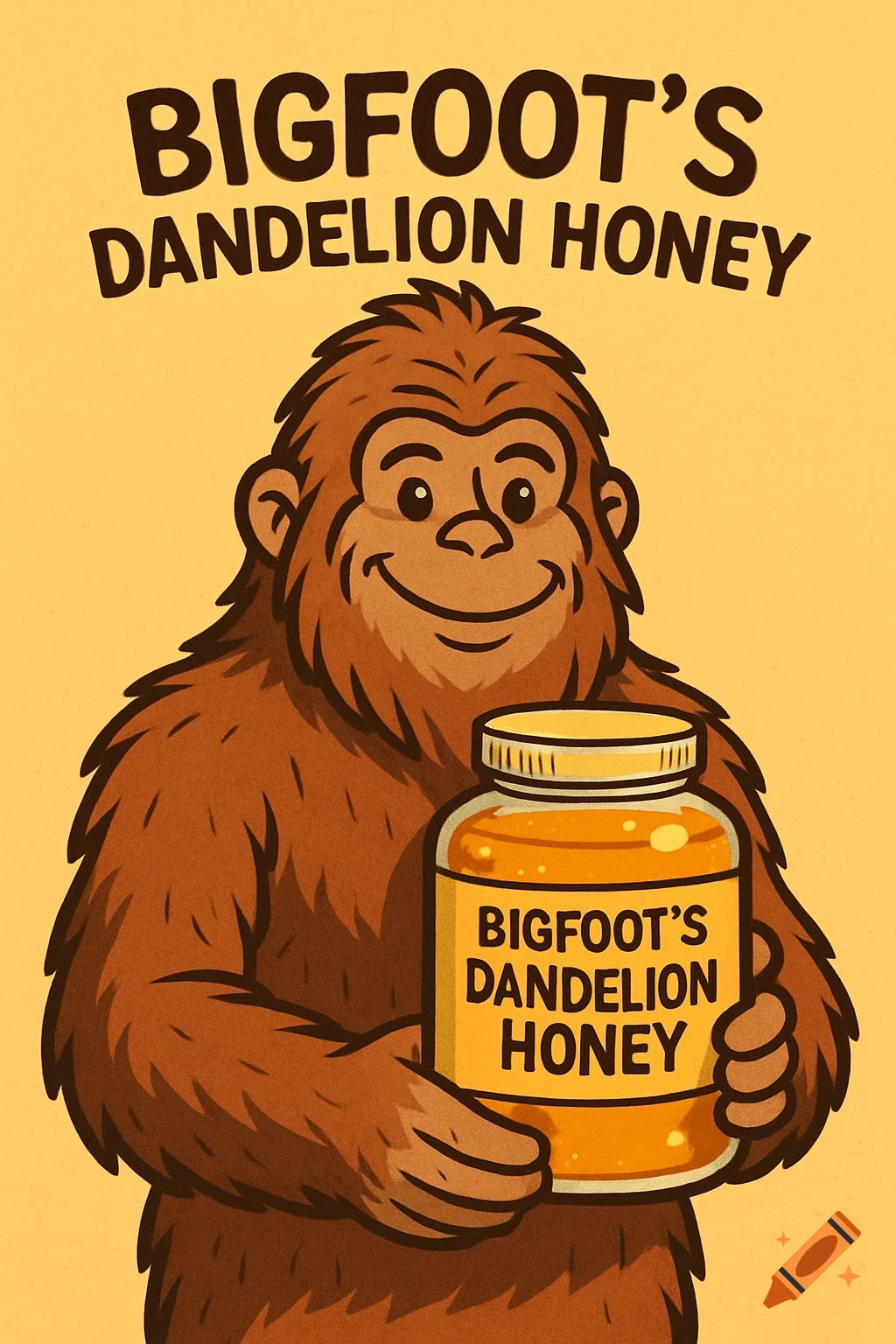Cartoon Bigfoot holding dandelion honey jar on Craiyon