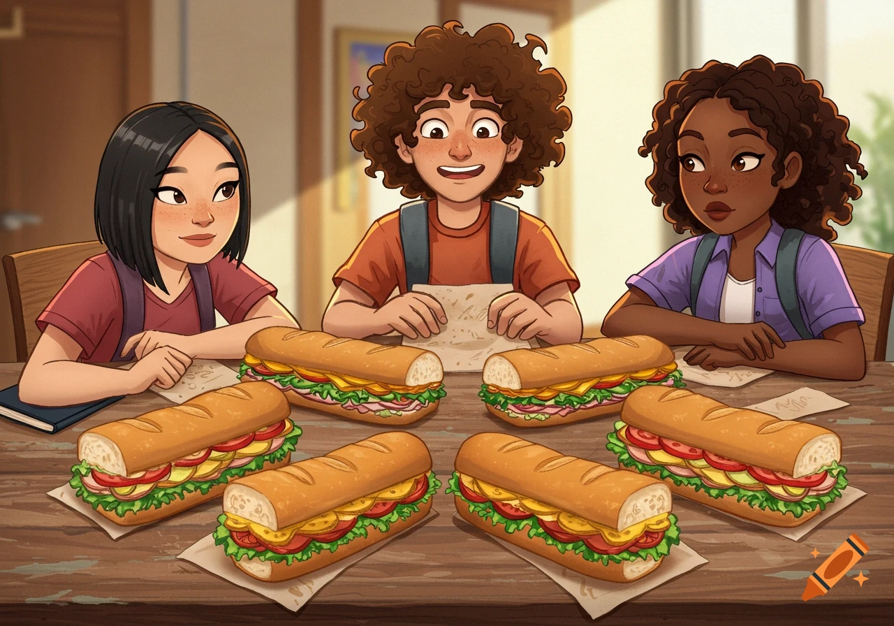 Three students at a table with sub sandwiches on Craiyon