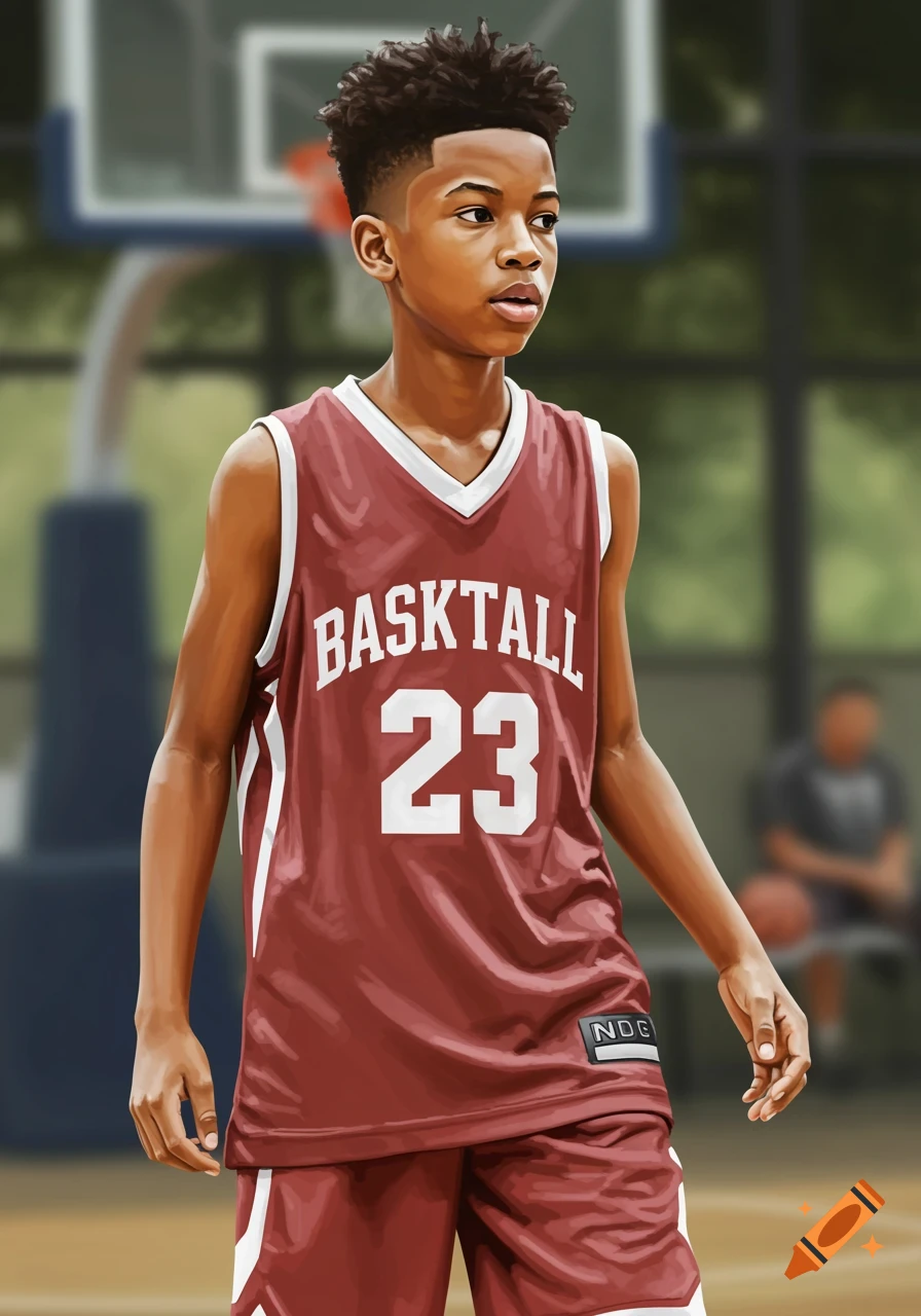 Young boy in a maroon basketball jersey with number 23 on a court. on ...
