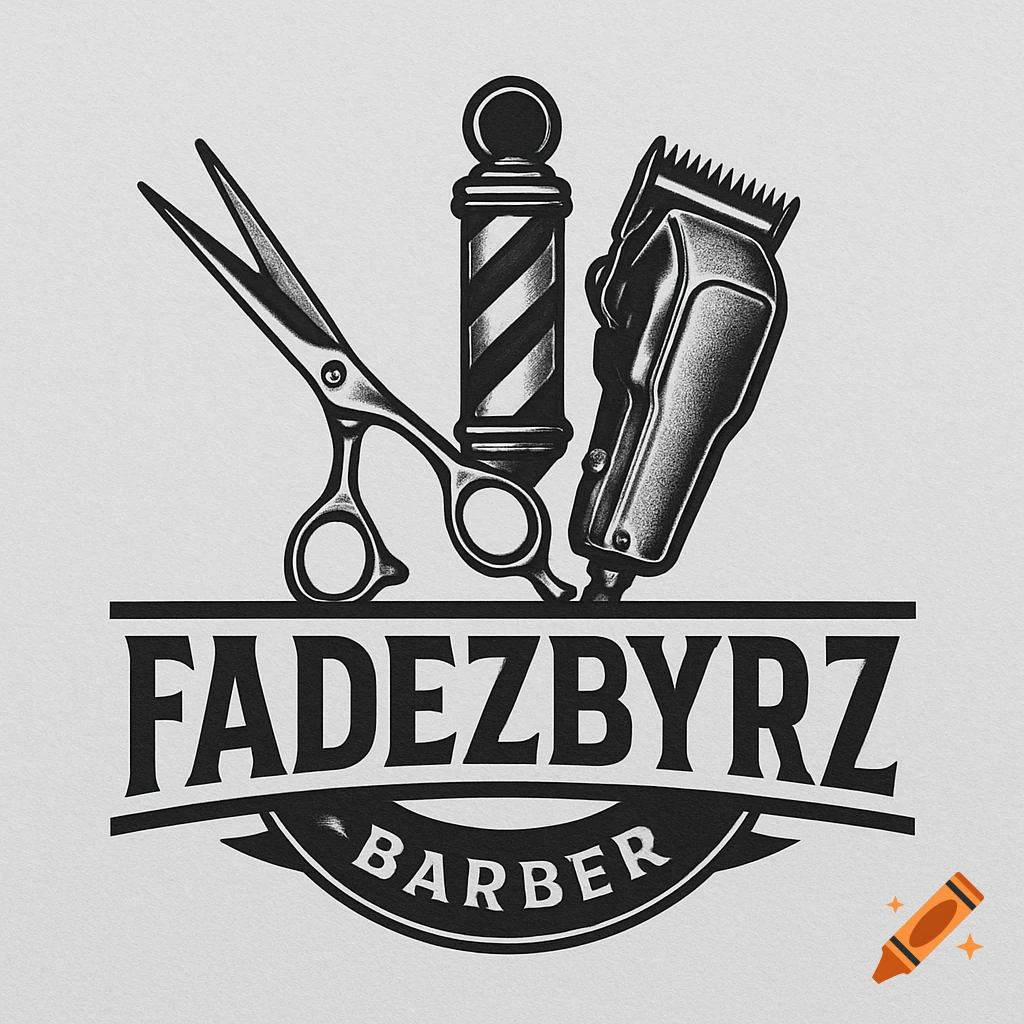 Black and grey logo for a barber shop with scissors, a barber pole ...