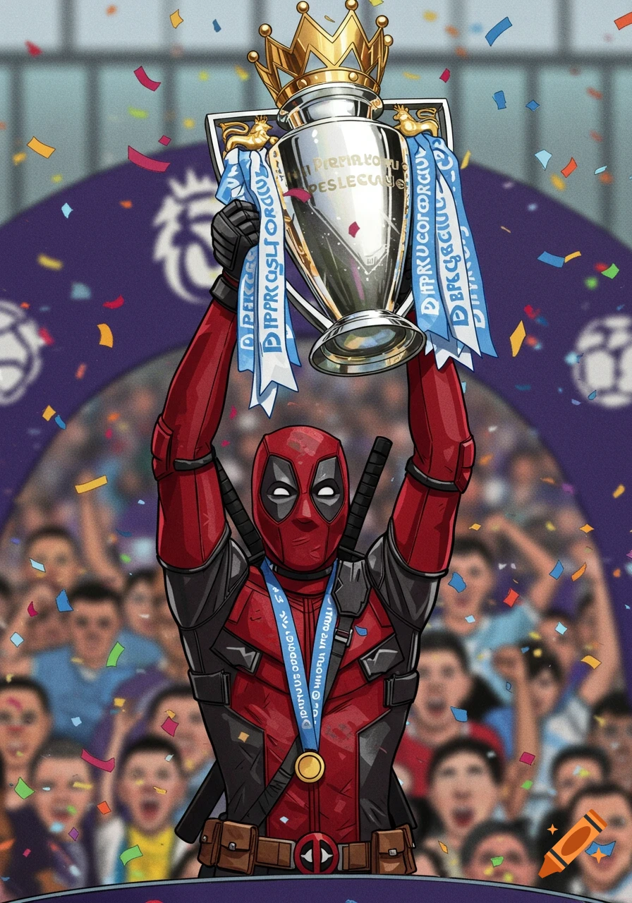 Deadpool holds a large silver sports trophy aloft amidst confetti and ...