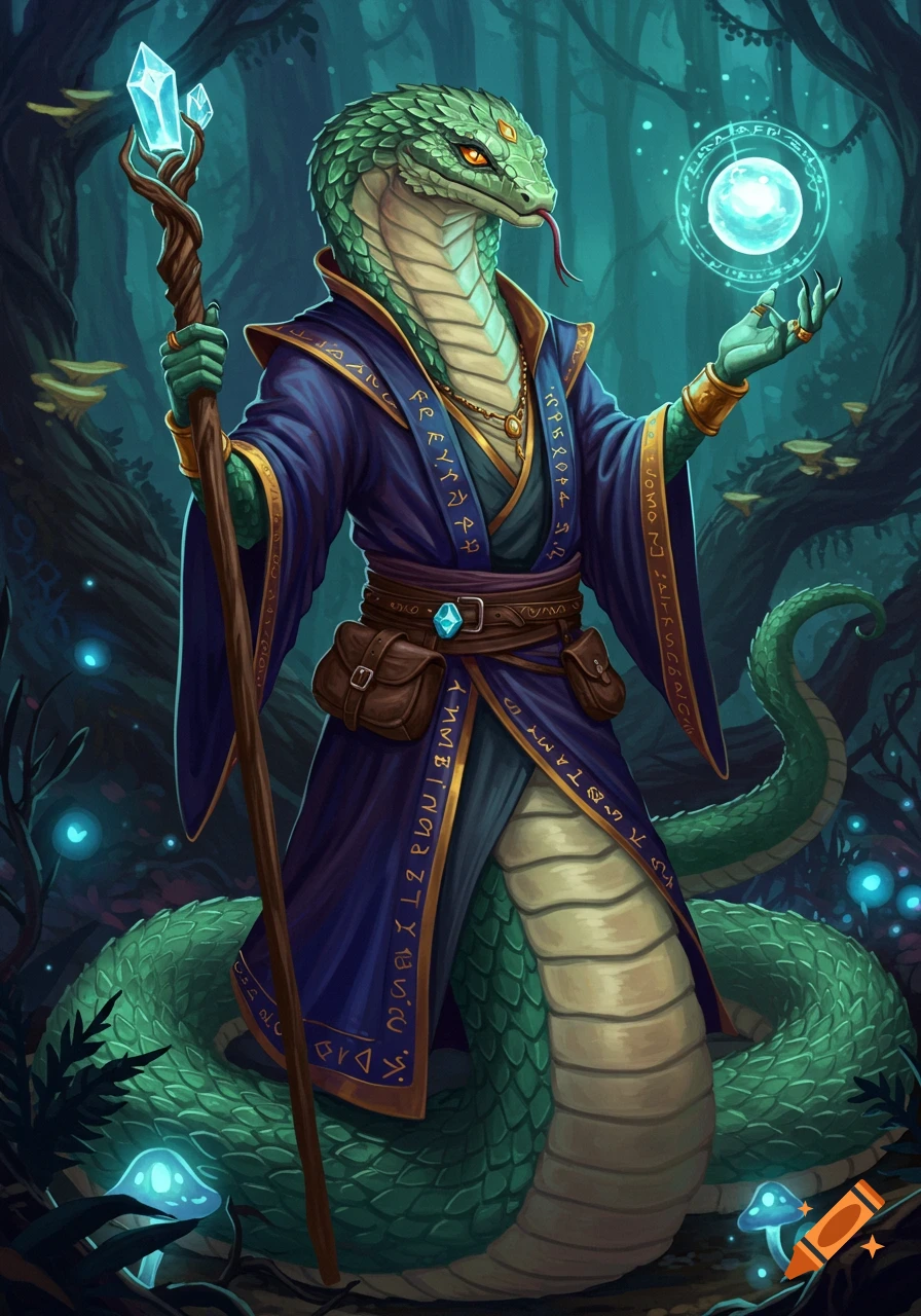 A snake person wizard casting a spell in a forest. on Craiyon