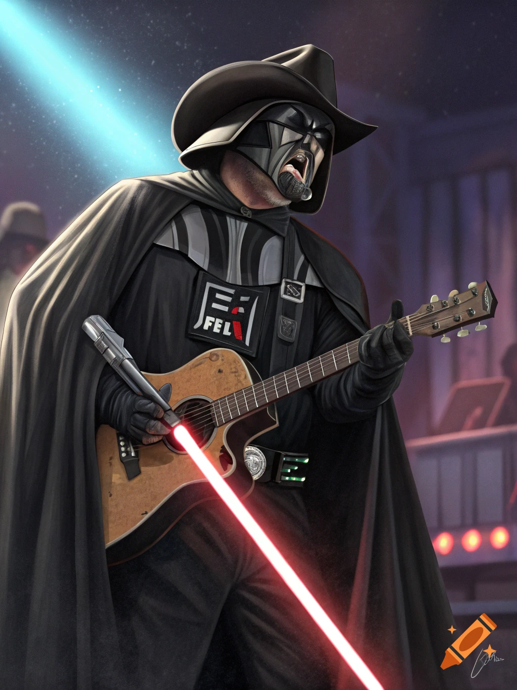 Illustration of a character wearing a Darth Vader helmet and a red and ...