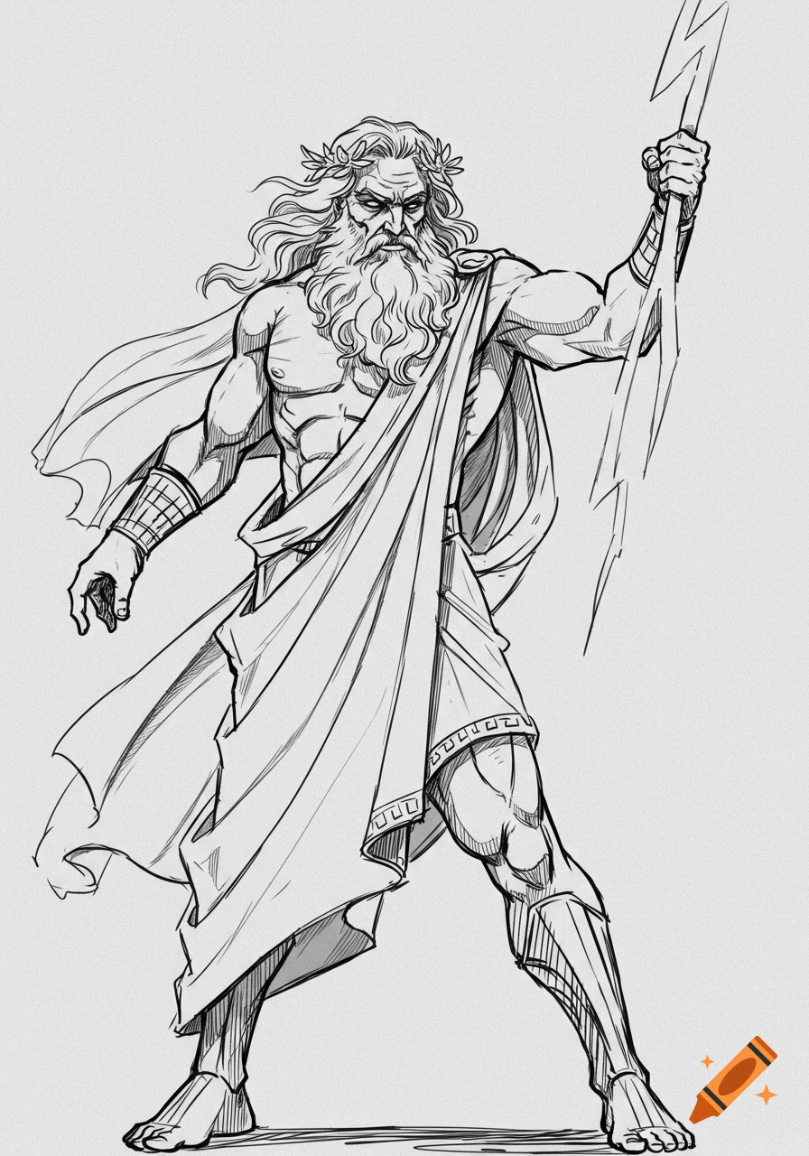 Pencil sketch of a muscular man with a beard, toga, and wreath holding ...