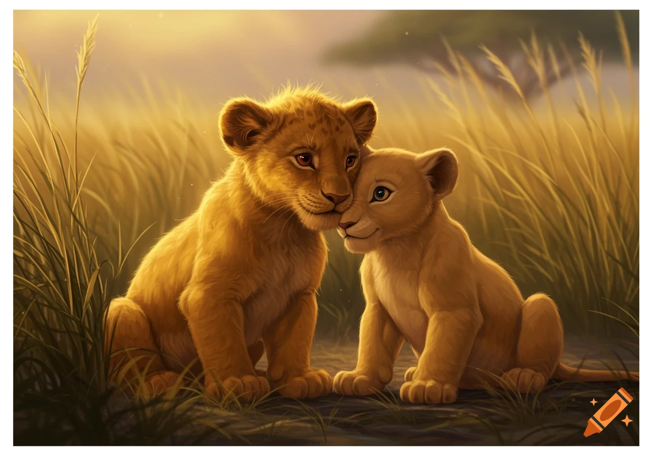 Two young lion cubs in love, Disney's The Lion King on Craiyon