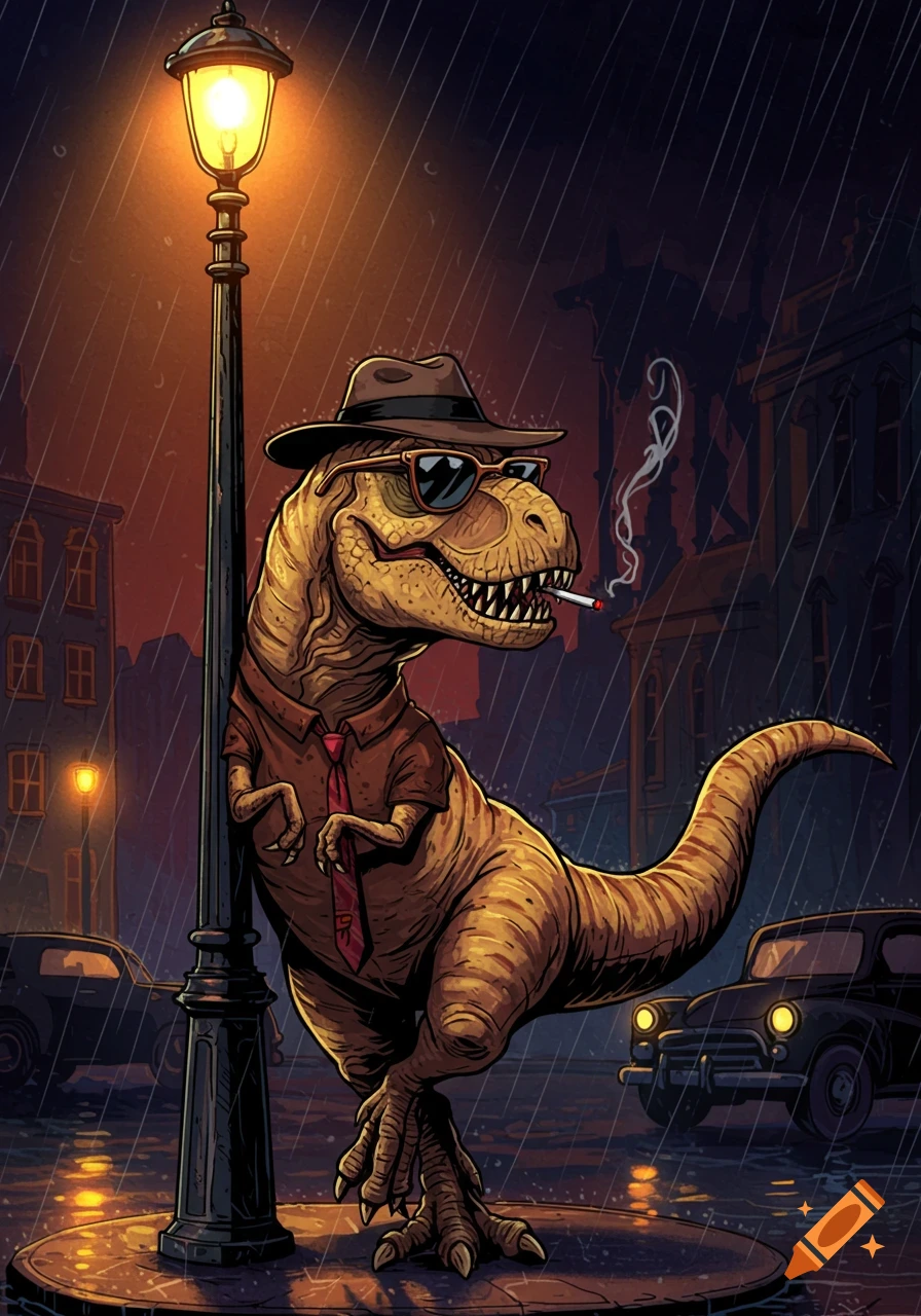 An illustration of a T-Rex in a hat and sunglasses smoking a cigarette ...