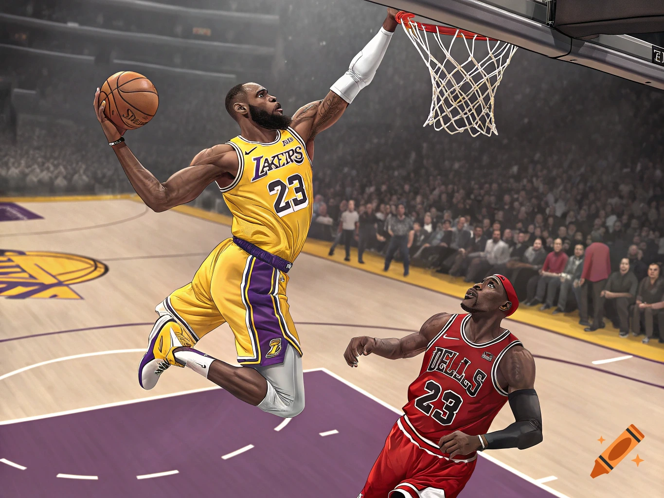 Young boy with Down Syndrome dunks a basketball during a game. on Craiyon