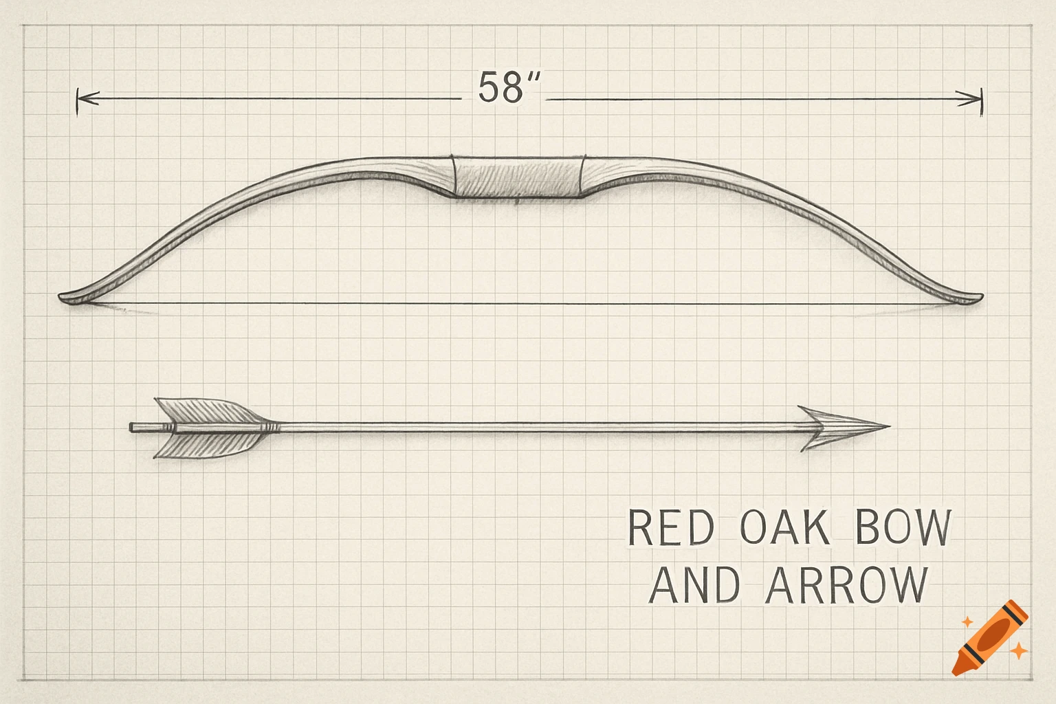 Red oak bow and arrow sketch plan, 58 inches on Craiyon