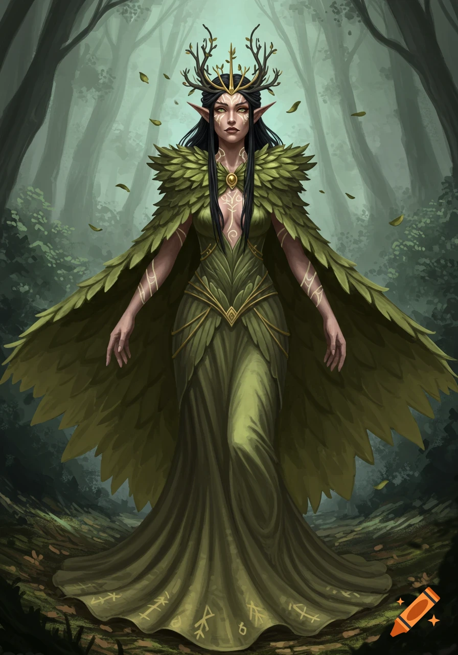 Ethereal elemental queen with leaf cape and runic markings on Craiyon
