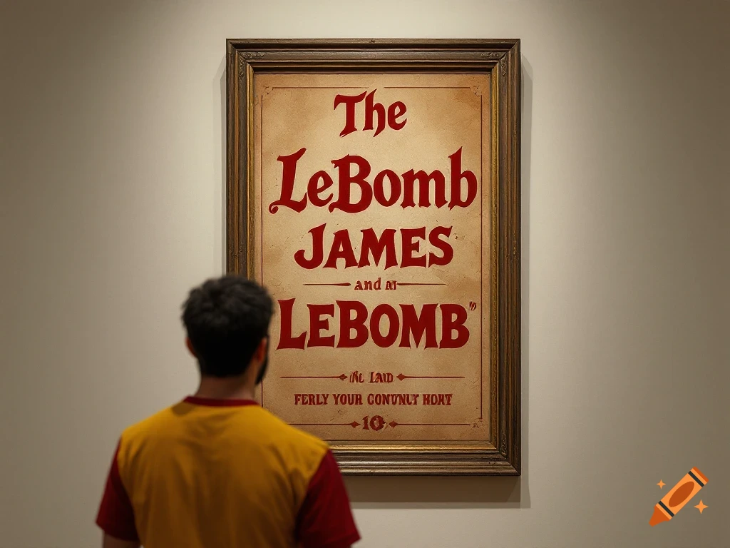 LeBomb James poster in a worn wooden frame at a museum on Craiyon