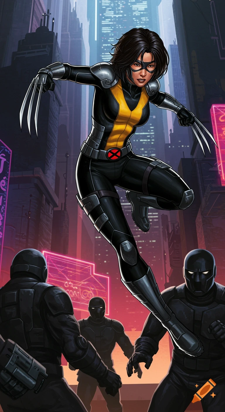 Lady Deathstrike in X-Men tactical suit leaping in cyberpunk cityscape ...