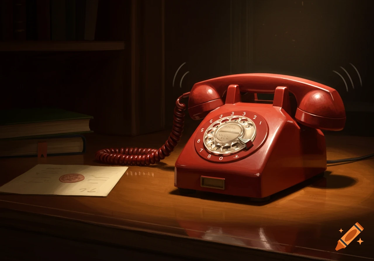 A red rotary phone ringing on a desk with books and paper. on Craiyon