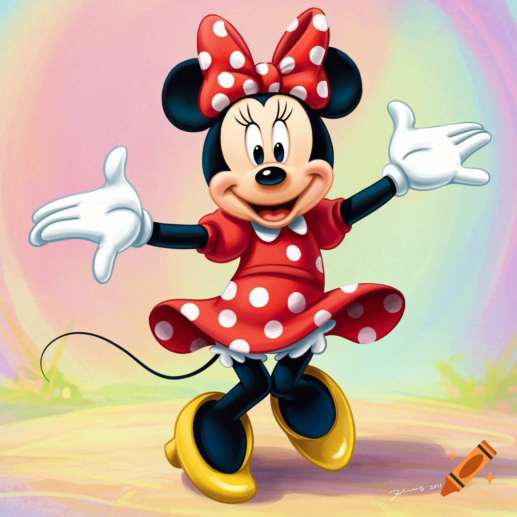 Minnie Mouse sits on a sandy beach by the ocean, wearing a red polka ...
