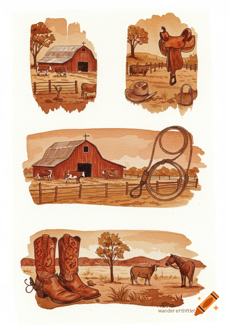 A watercolor collage of western scenes including a barn with cows, a ...