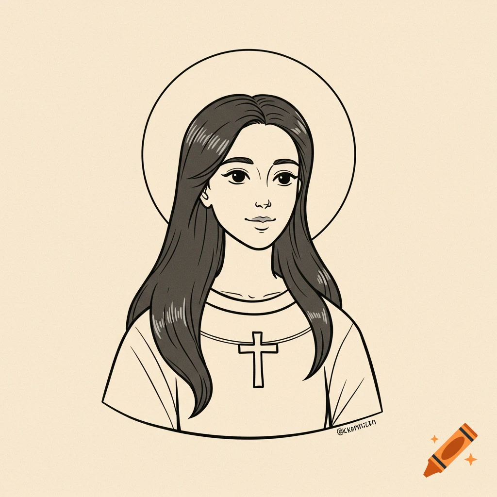 Simple line drawing of a woman with a halo and a cross on her shirt on ...