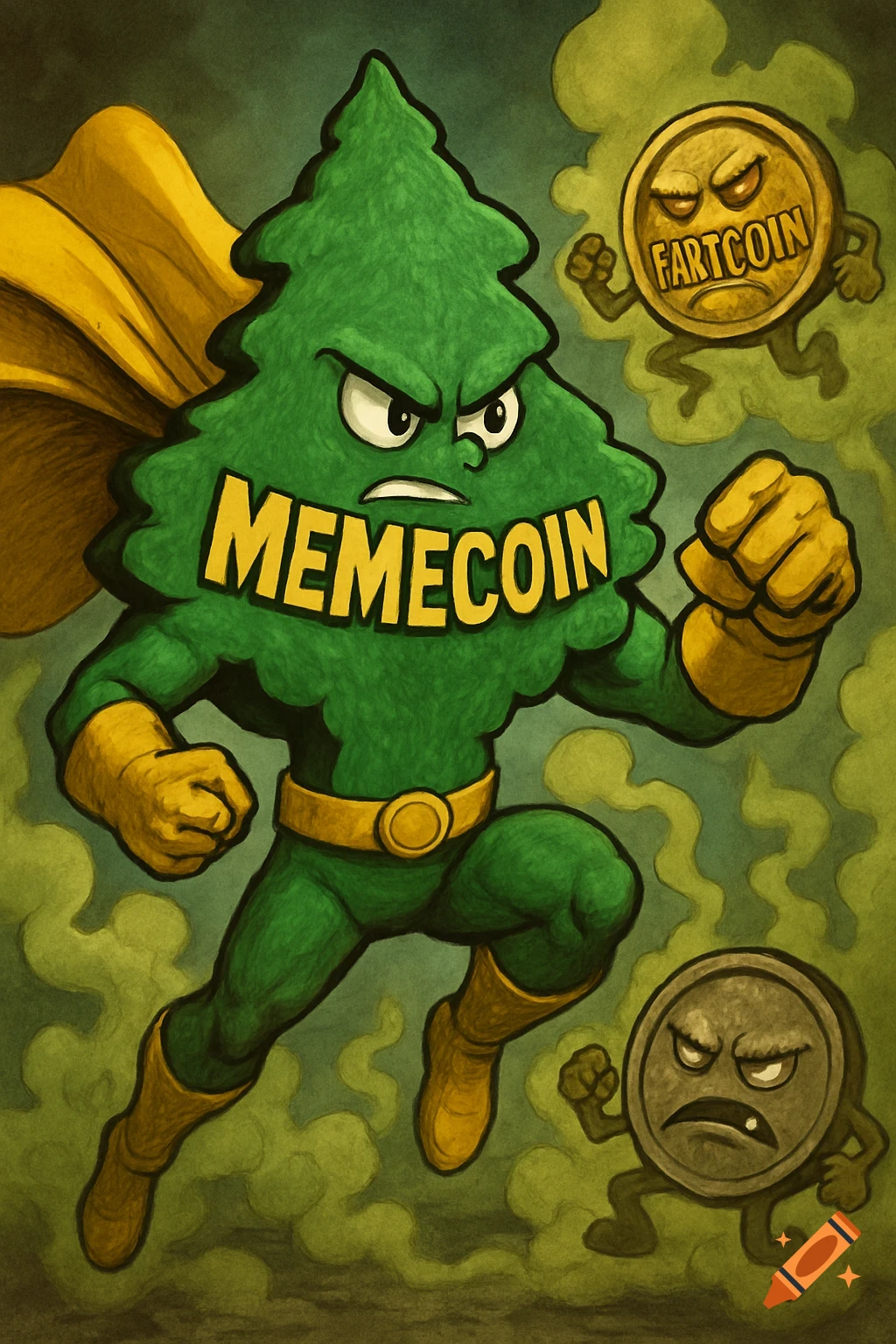 Little Tree Car Freshener Superhero fighting meme coins on Craiyon