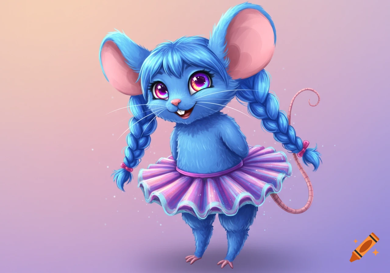 Blue bipedal mouse with pigtails, rainbow eyes, and tutu on Craiyon