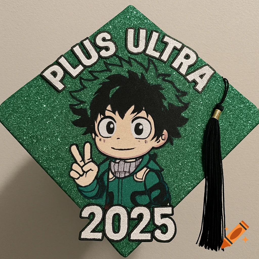 My Hero Academia Deku graduation cap with 'Plus Ultra' and peace sign ...