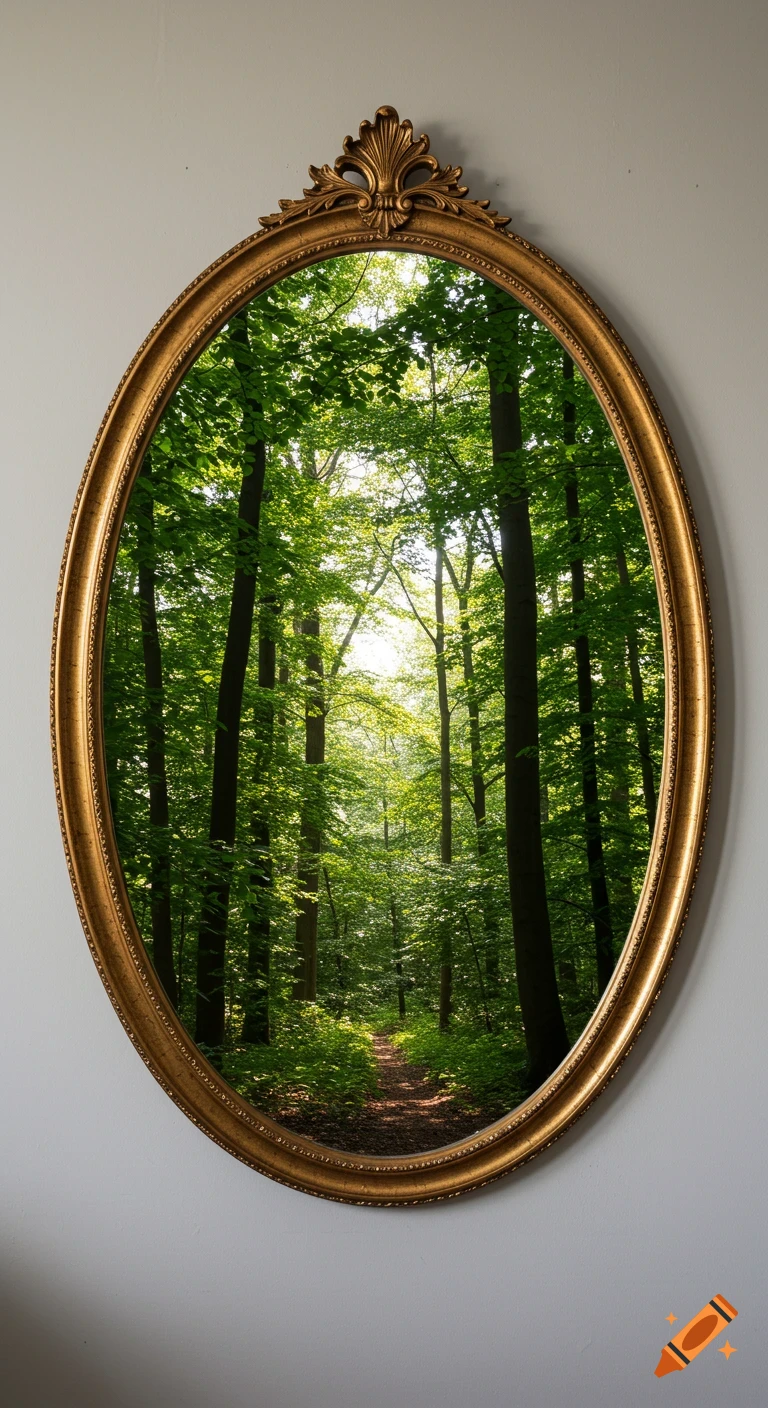 Forest reflected in a vertical oval mirror on Craiyon
