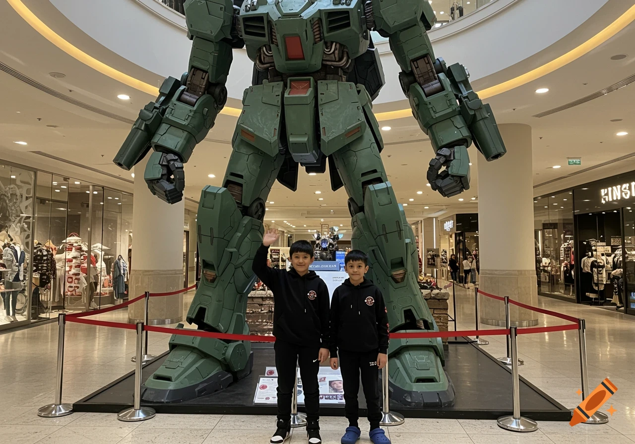 Two boys stand in front of a large green robot statue in a mall on Craiyon