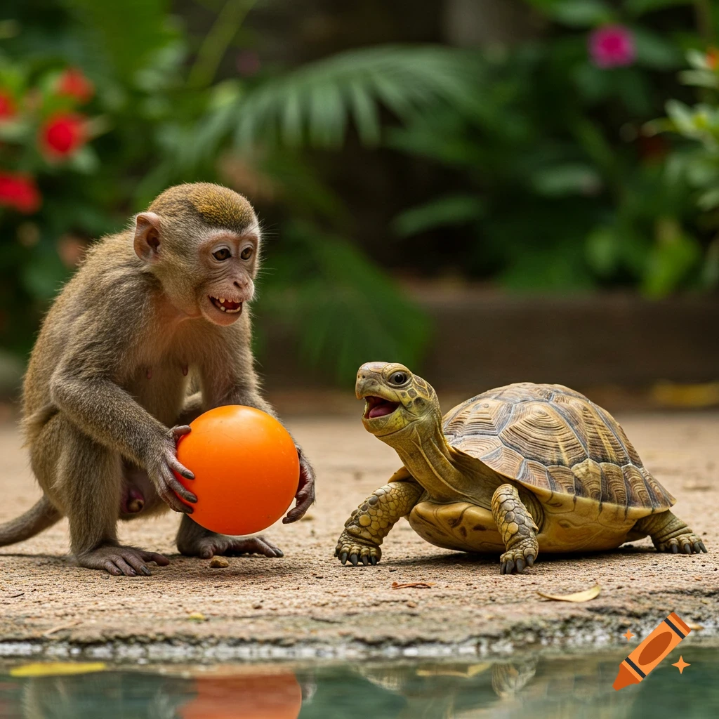 A monkey holds an orange ball while a turtle looks on happily in a ...