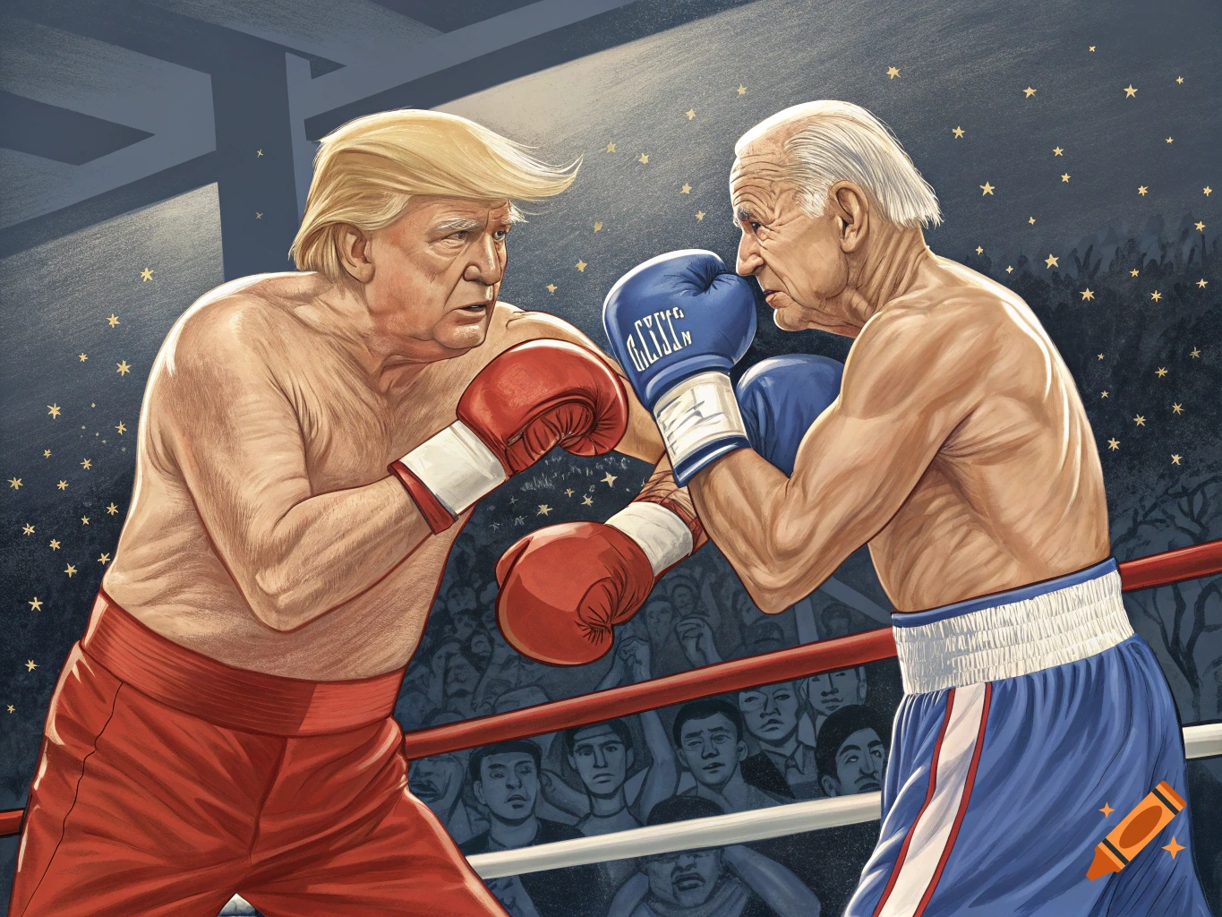 Illustration of Donald Trump and Joe Biden boxing in a ring. on Craiyon