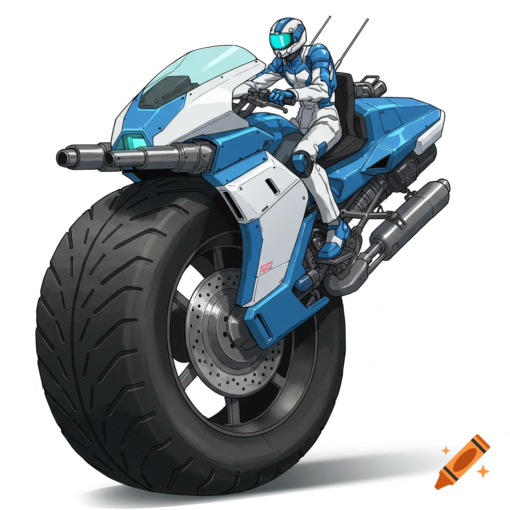 Anime illustration of a rider on a futuristic blue and white monowheel ...