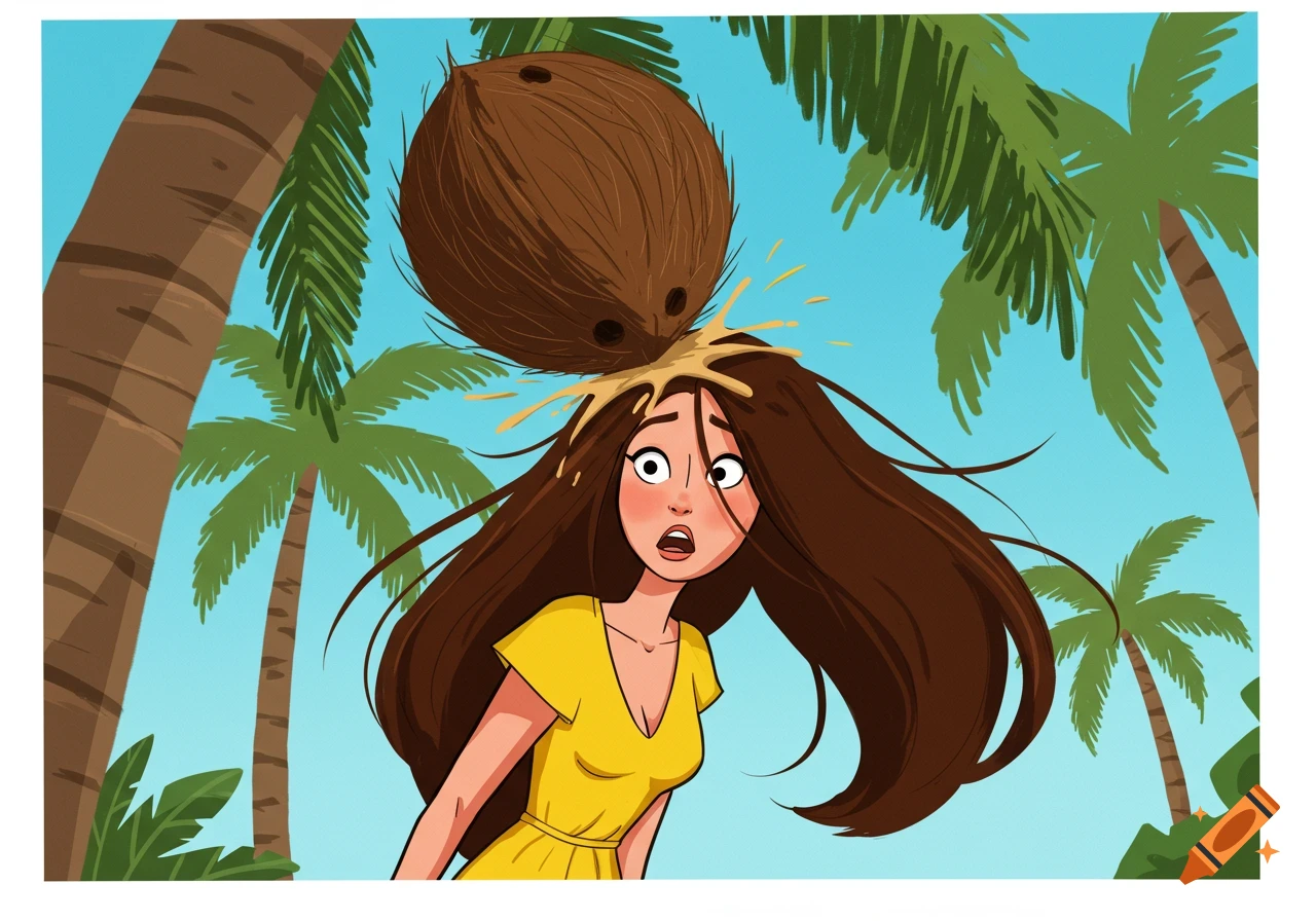 Cartoon woman looks surprised as a coconut hits her head under palm ...