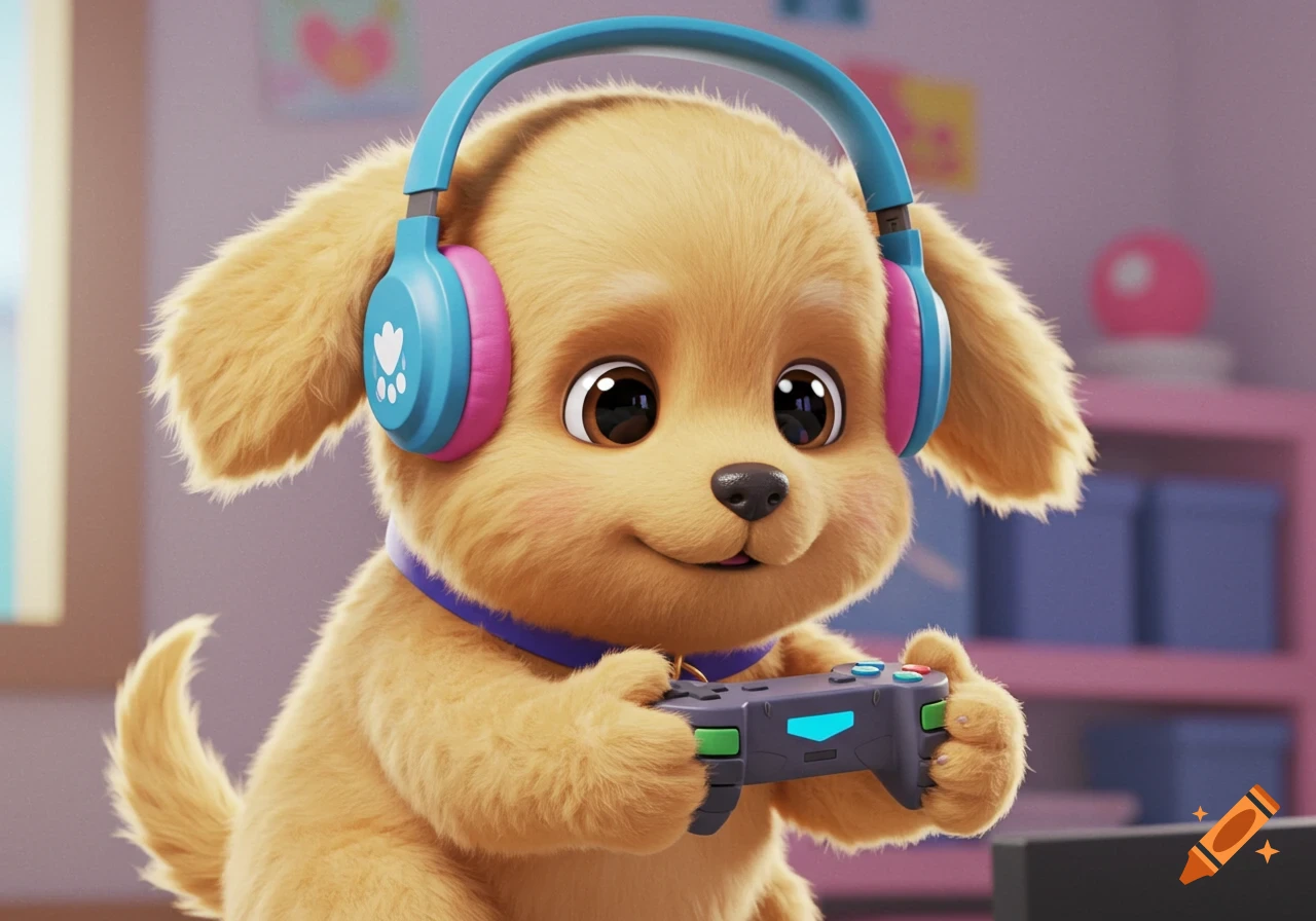 Cute cartoon dog with headset and controller on Craiyon
