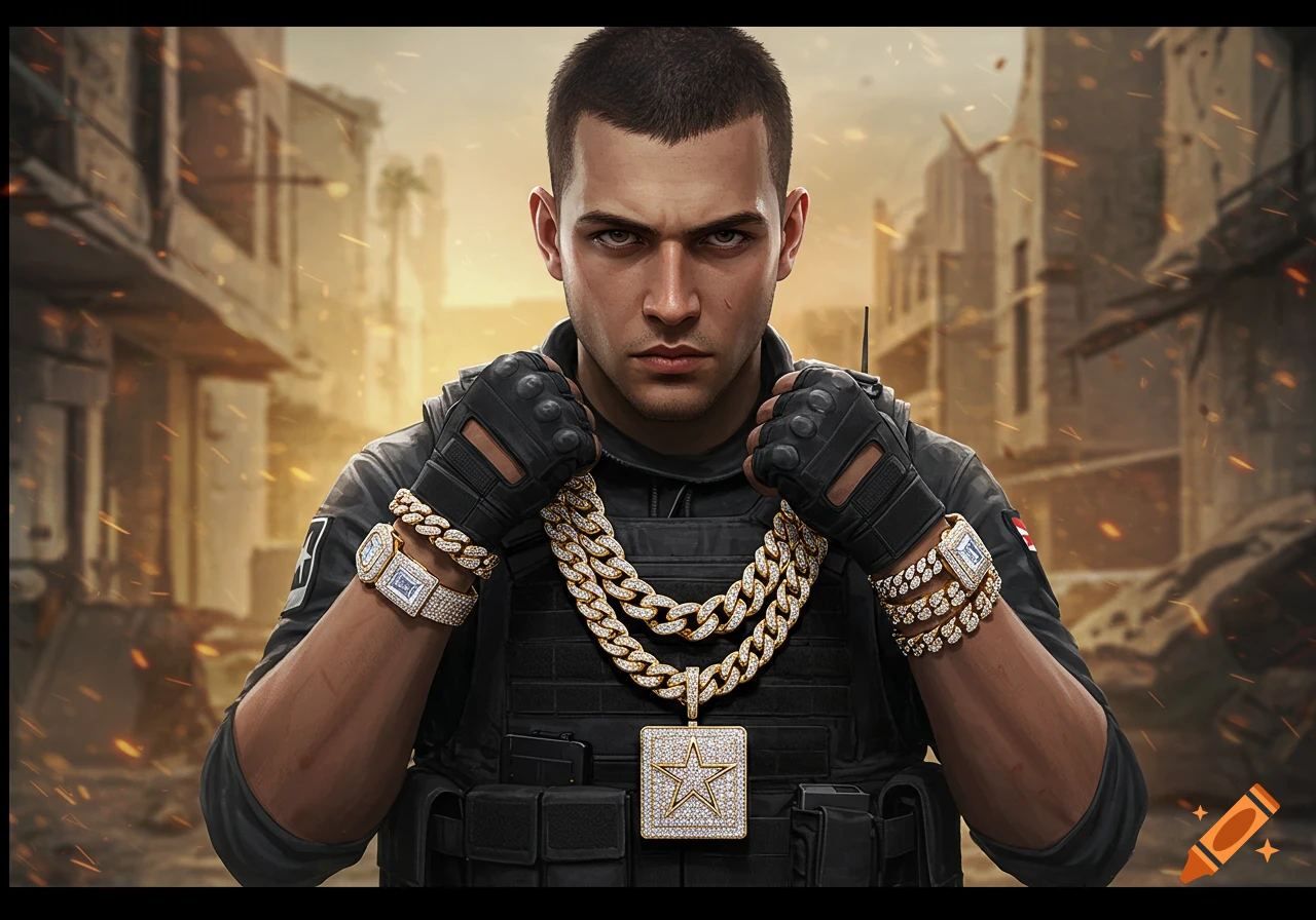 Rainbow Six Siege operator with iced out jewelry on Craiyon