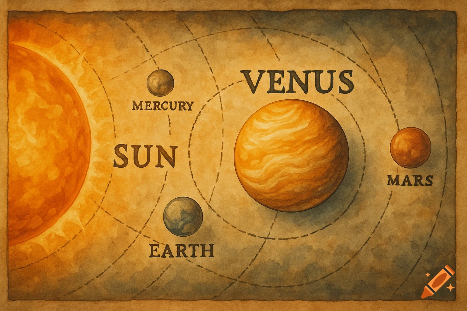 Map of Venus in relation to the Sun and other planets on Craiyon