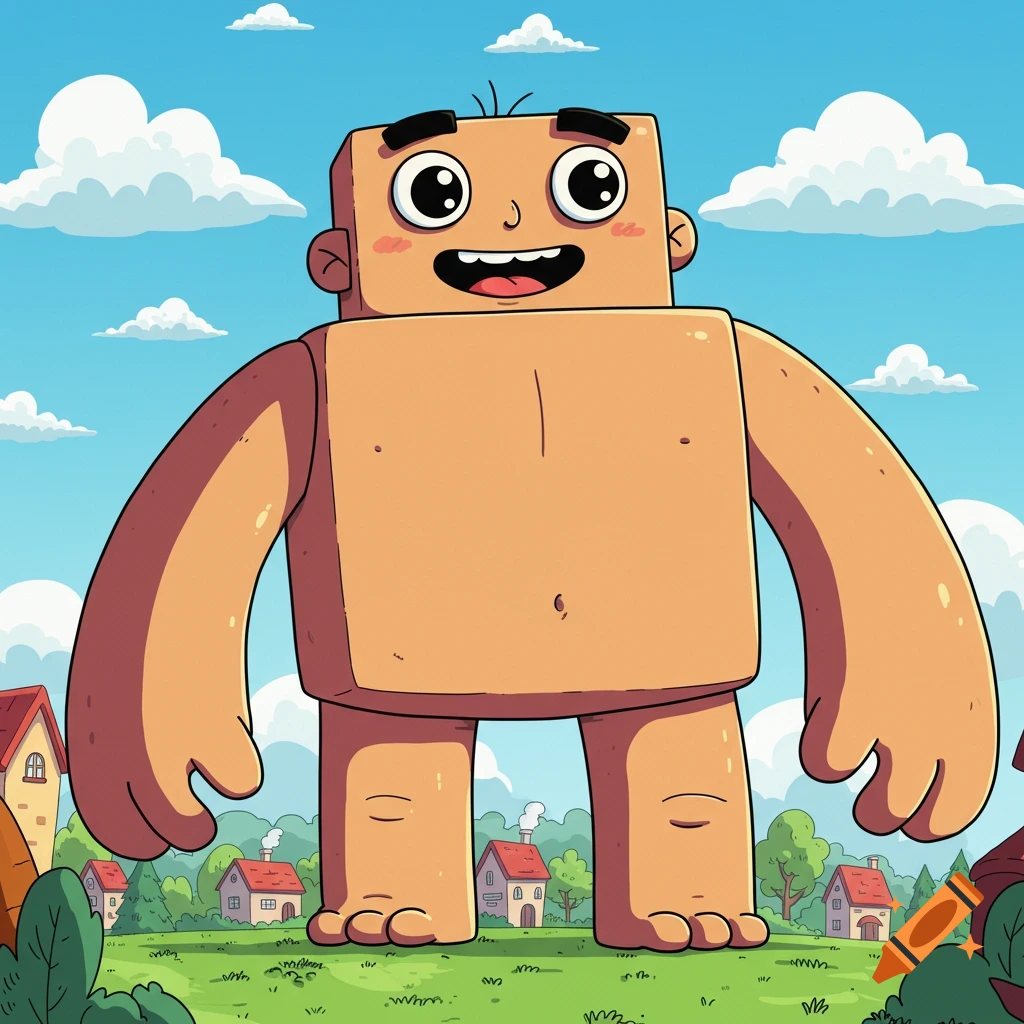 A cartoon giant with a square body stands in a grassy field near small ...
