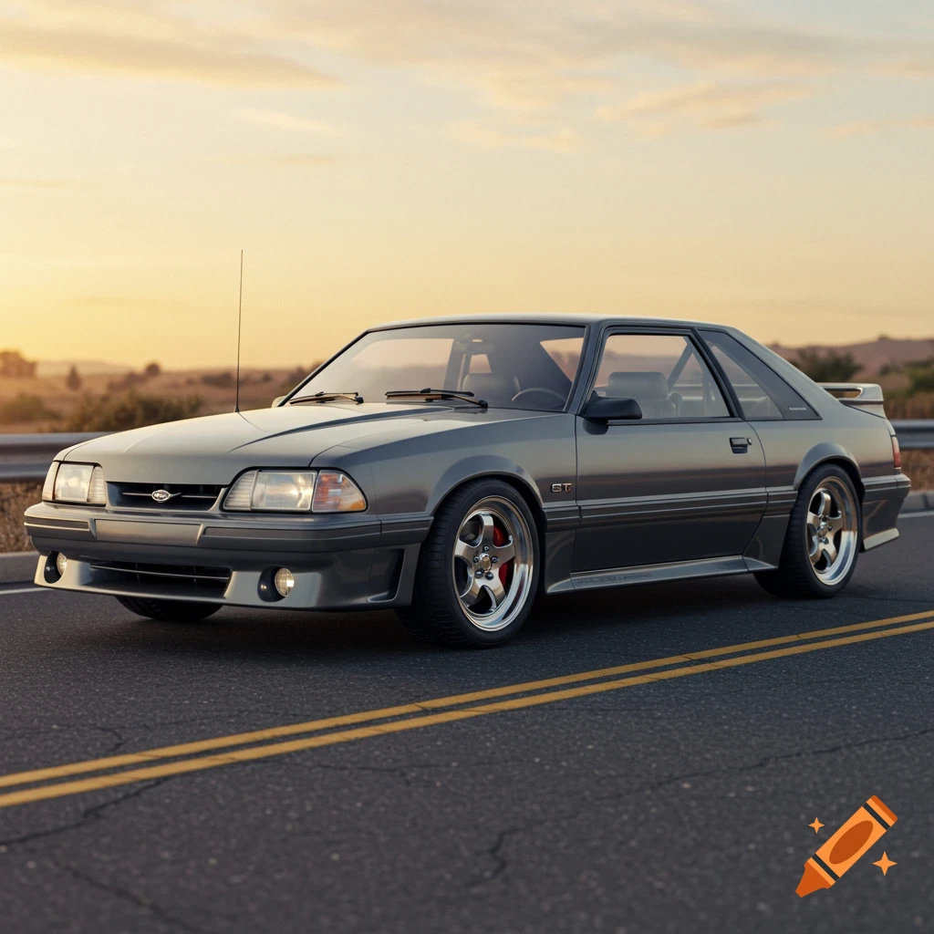 A grey 1992 Ford Mustang GT is on a road at sunset. on Craiyon
