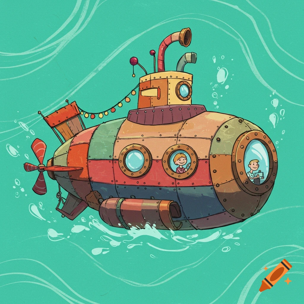A yellow submarine navigates through kelp and fish in a whimsical ...