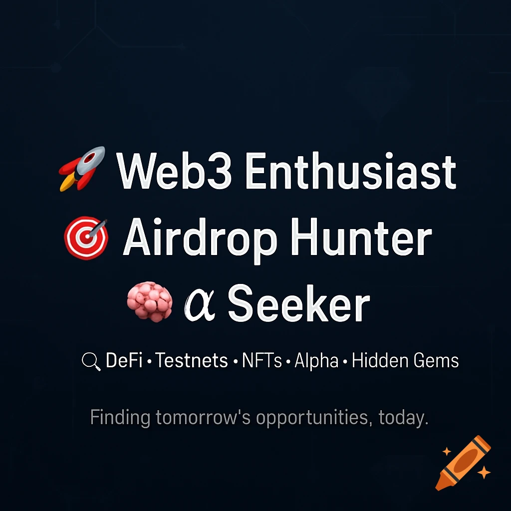 Web3 graphic with text 'Web3 Enthusiast, Airdrop Hunter, α Seeker' and cryptocurrency keywords ...