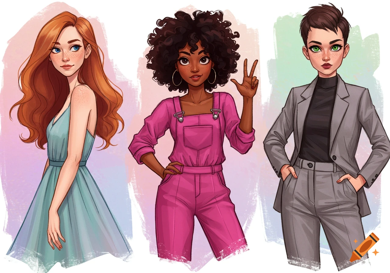 Three women with different hairstyles and outfits, including a dress ...