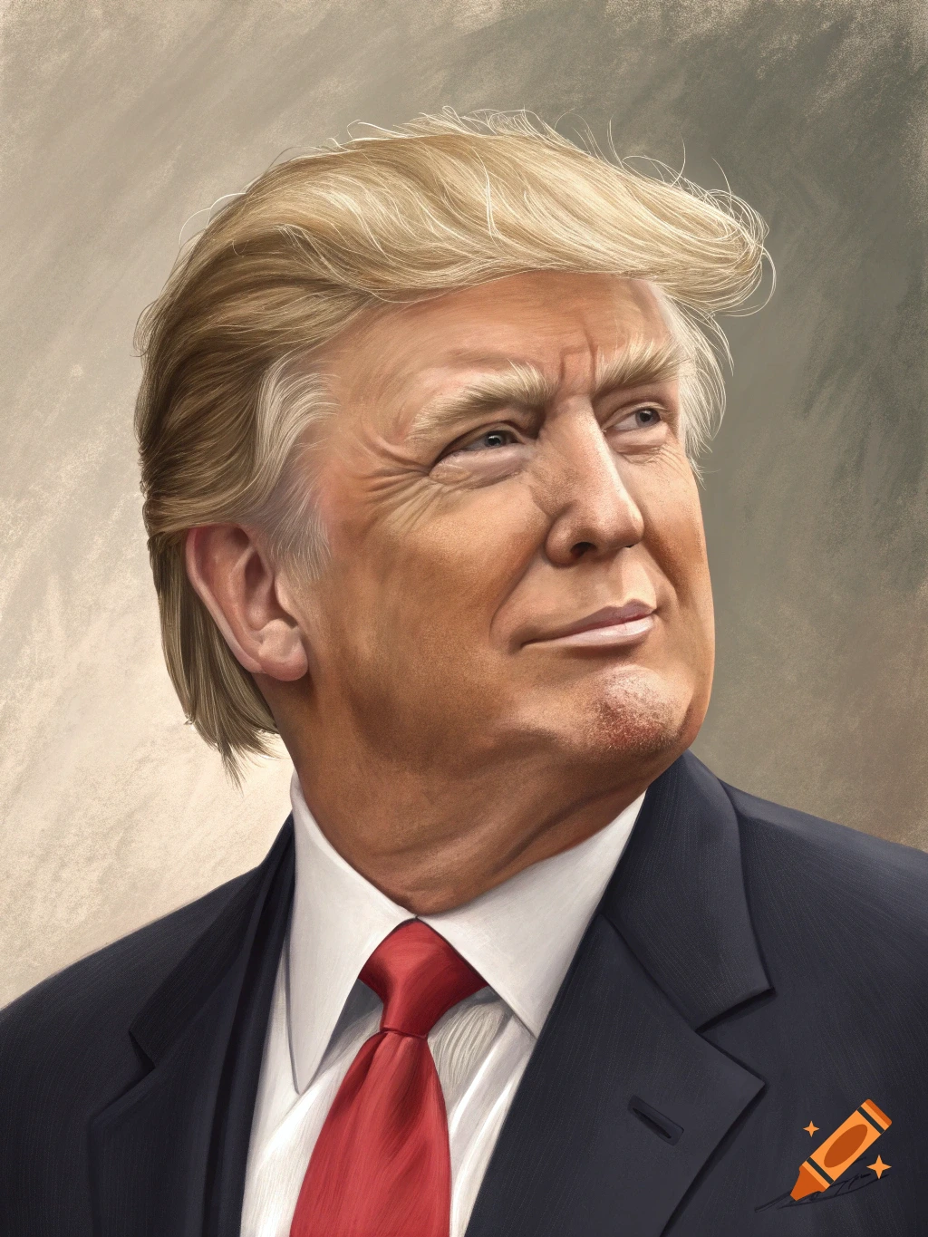 Caricature of Donald Trump smiling broadly in a suit and tie. on Craiyon