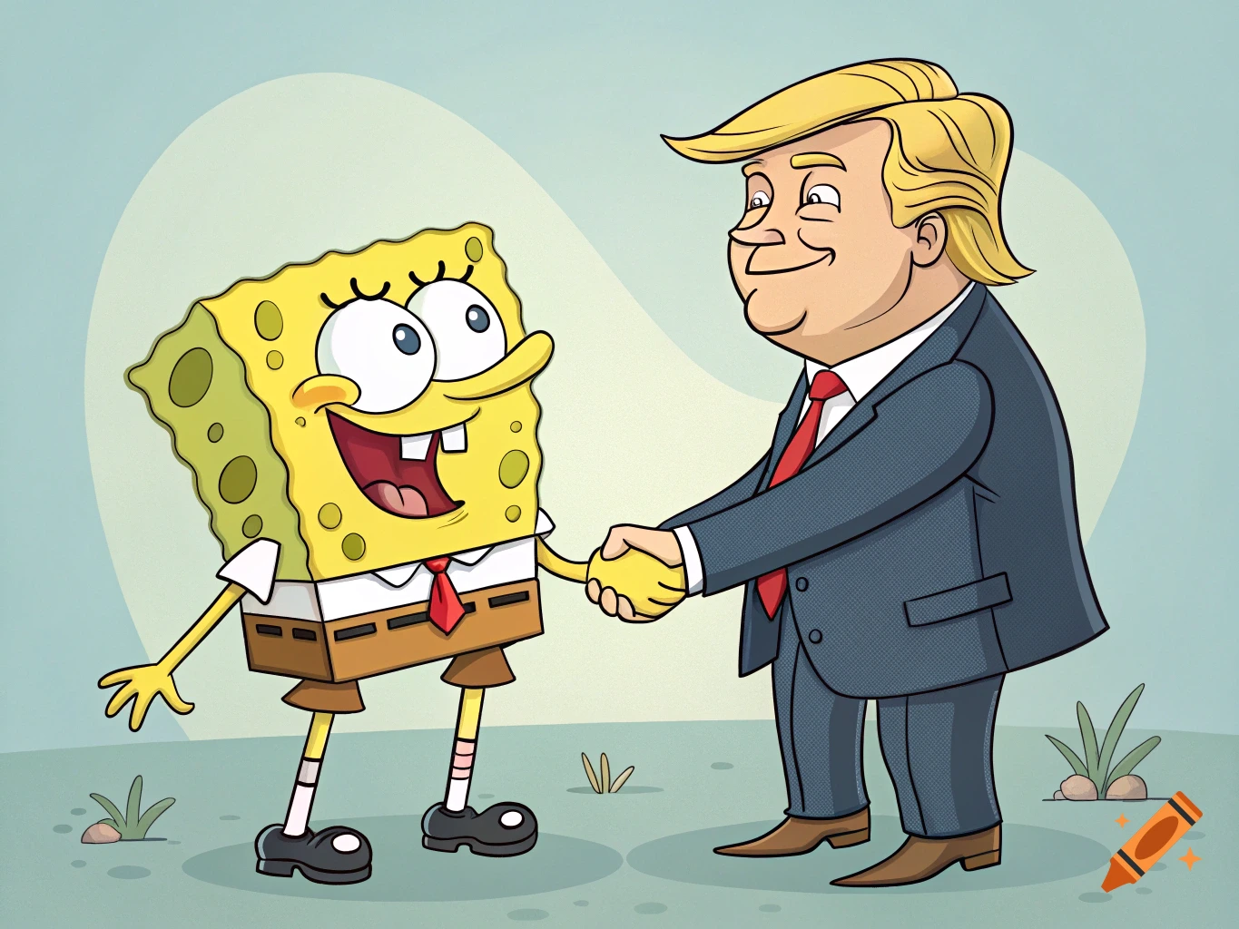 SpongeBob SquarePants and Donald Trump shake hands in a cartoon style ...